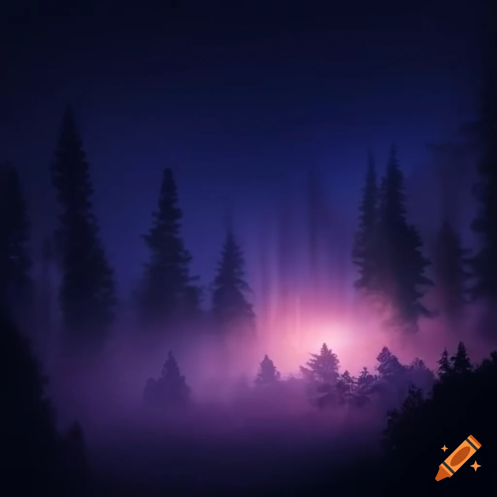 Enchanted pitch black forest with dark blue mist at night on Craiyon