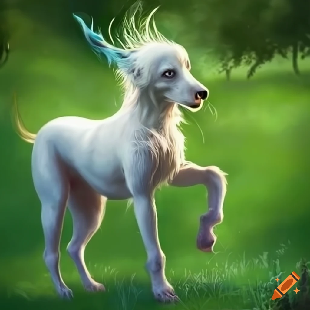 Centauric white furred dog standing proudly in a lush green meadow on Craiyon