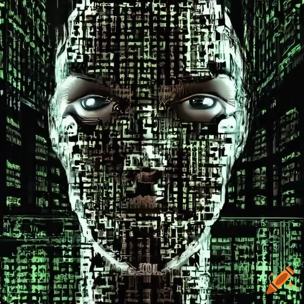 Futuristic illustration of a computer matrix ai face on Craiyon