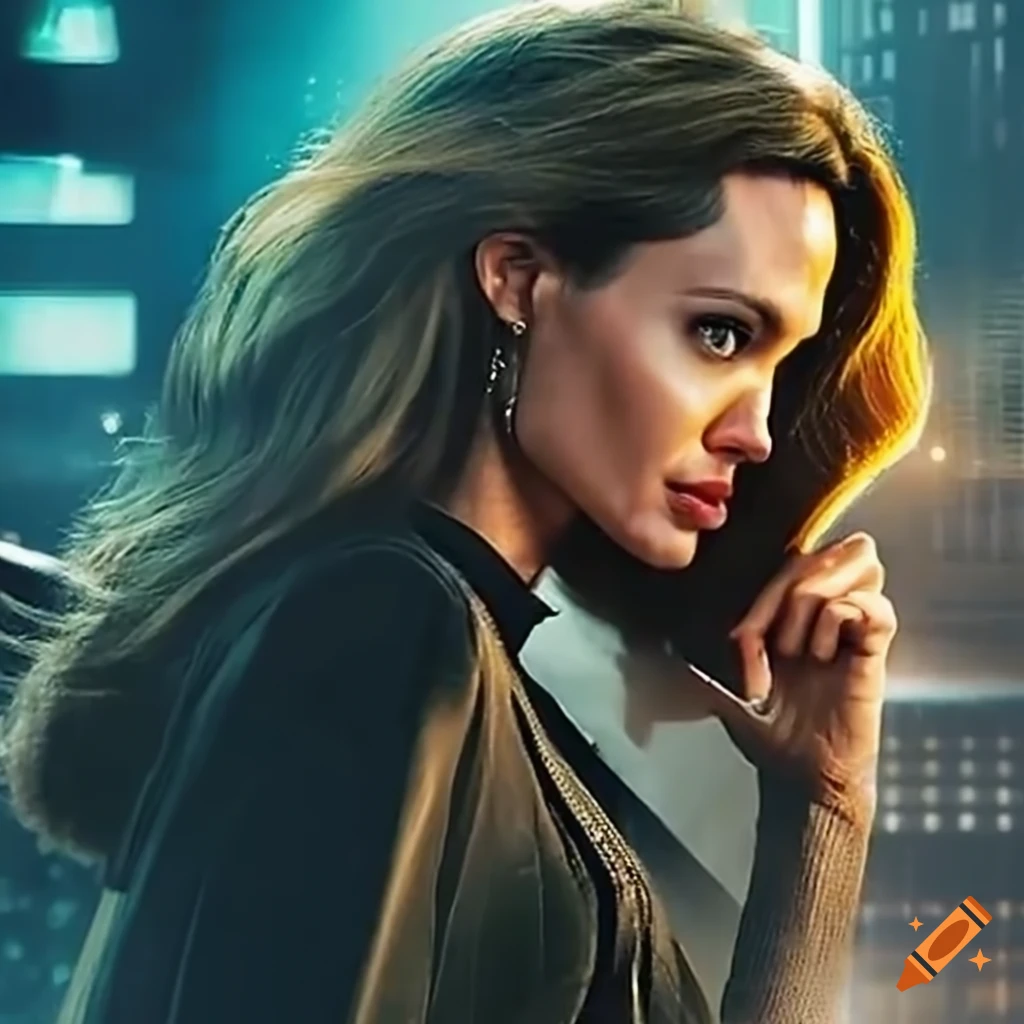 Angelina Jolie in an action scene from a movie set in Bladerunner on Craiyon