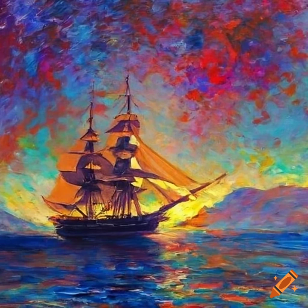 Impressionist oil painting of a colony ship among the stars and a ship ...