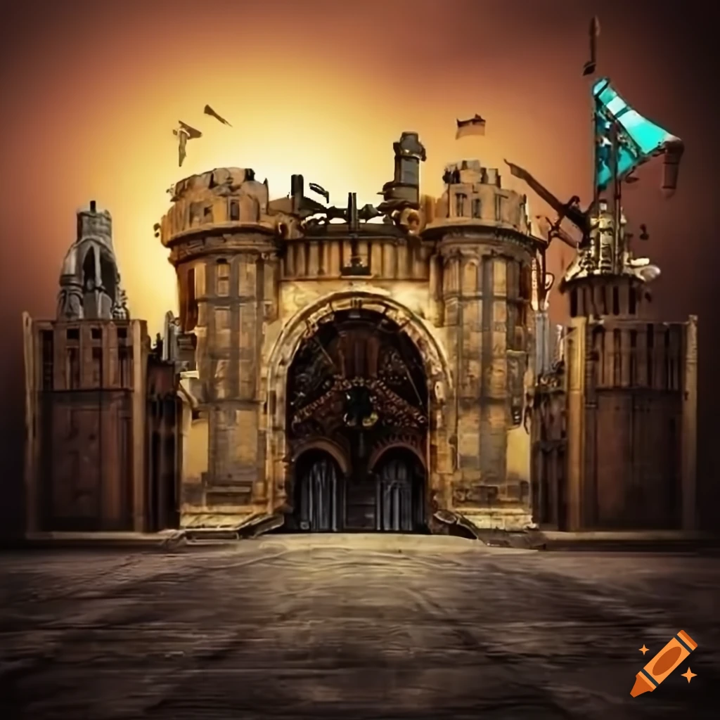 Steampunk city gate wall on Craiyon