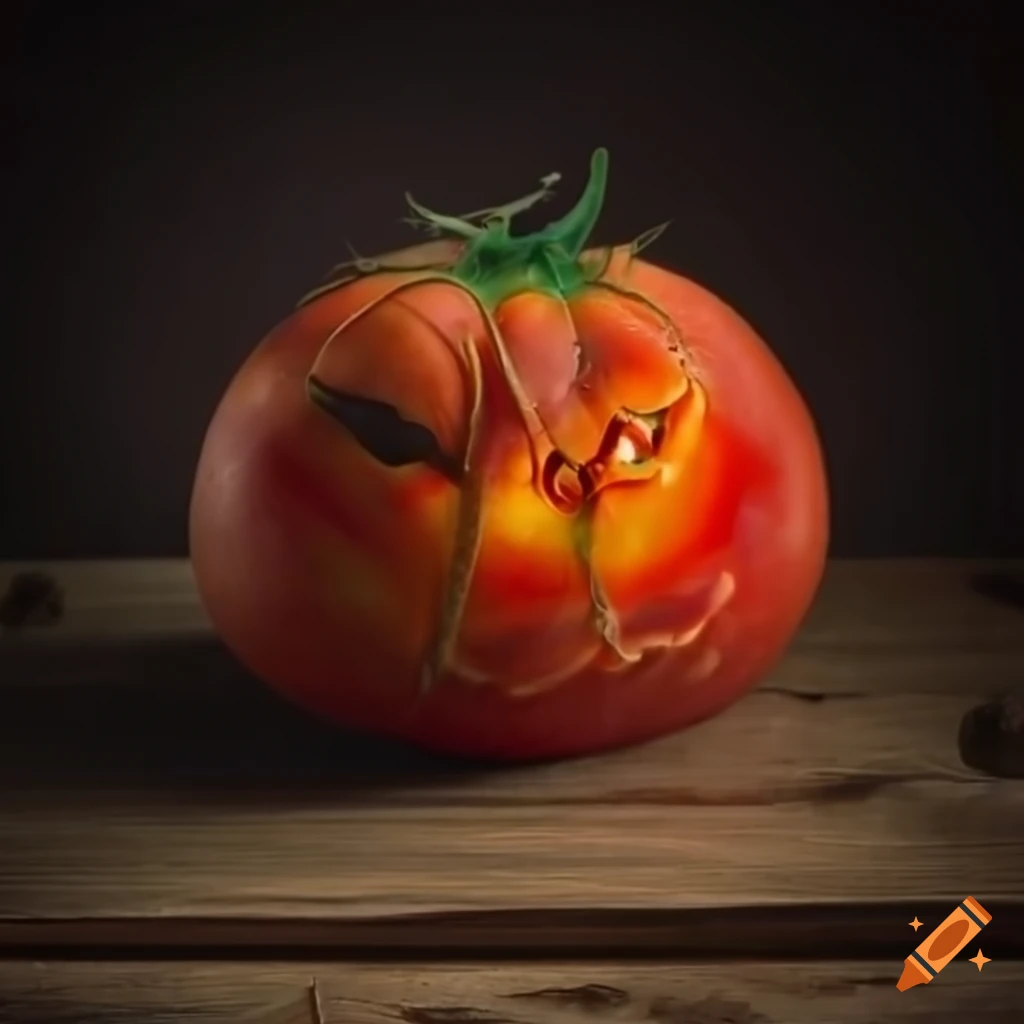 Close-up portrait of the rotten tomato fruit monster in a micro ...