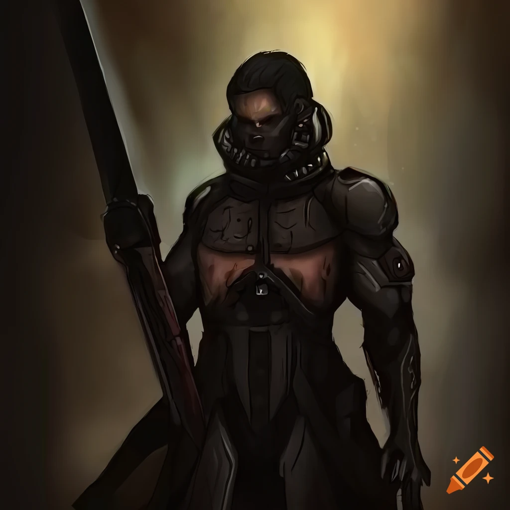 Sci-fi human in black armor with sword, digital art on Craiyon