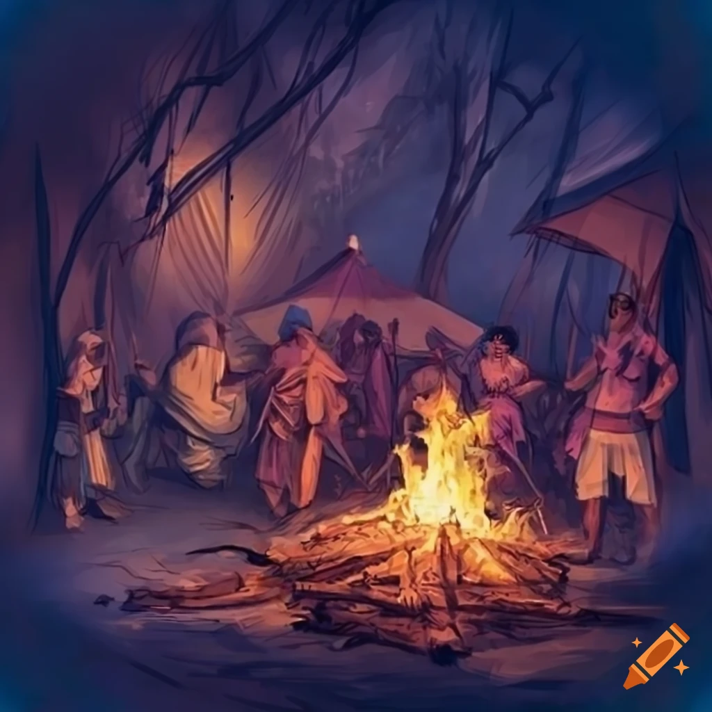 Vistani caravan camp at night with bonfire and dancing people for d&d ...
