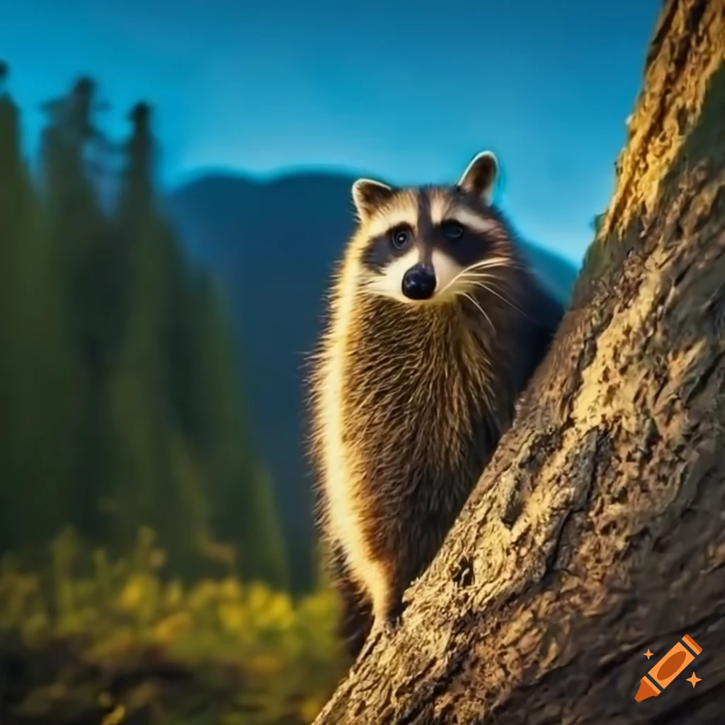 Raccoon standing in forest with morning mountains in the background on ...