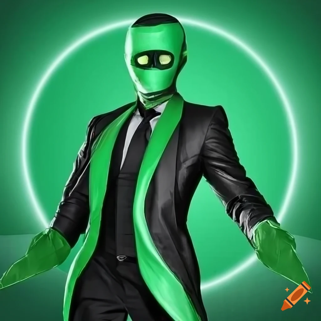 Male superhero in mint green mask and black suit on Craiyon