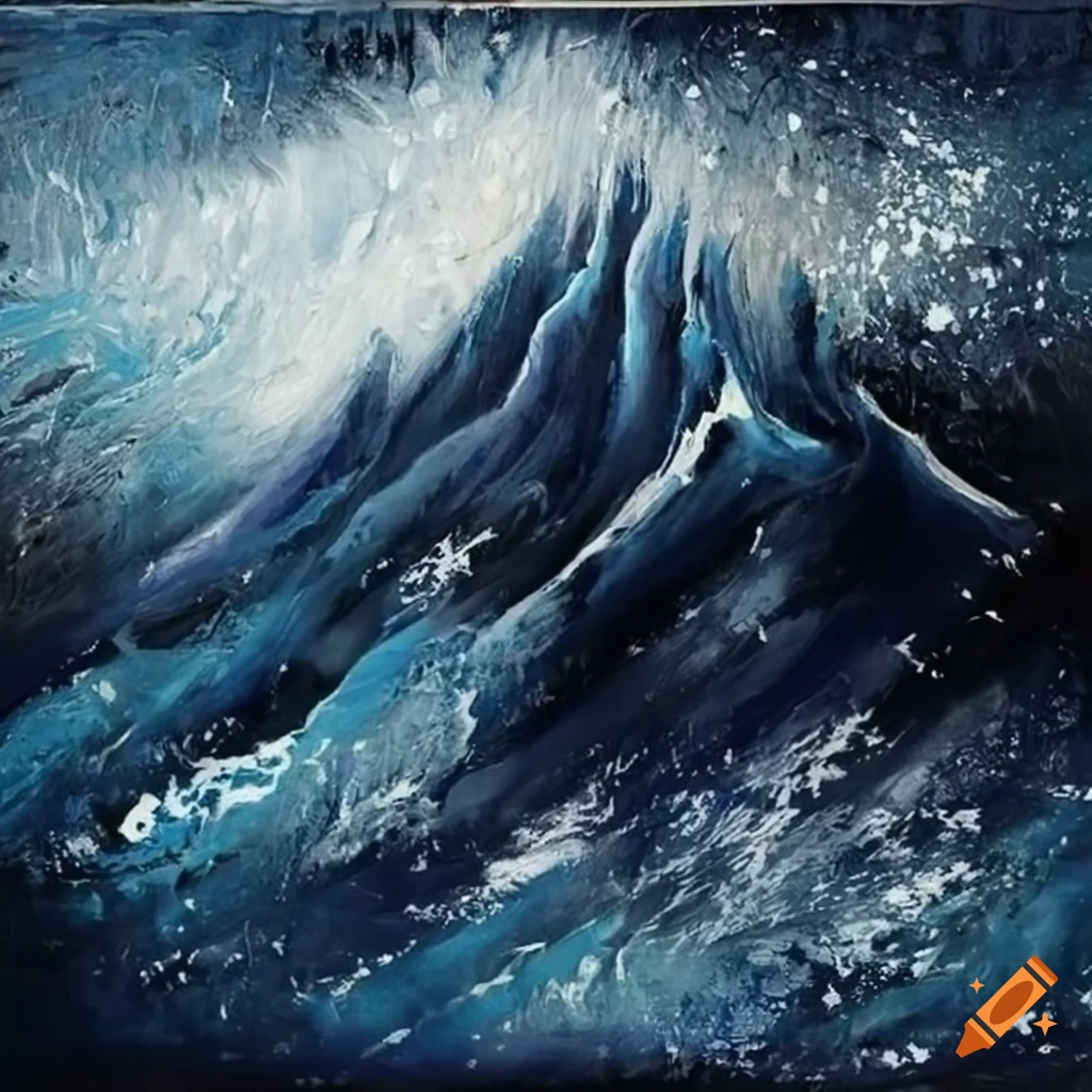 Abstract splatter painting of silver and white mountains in a storm on ...