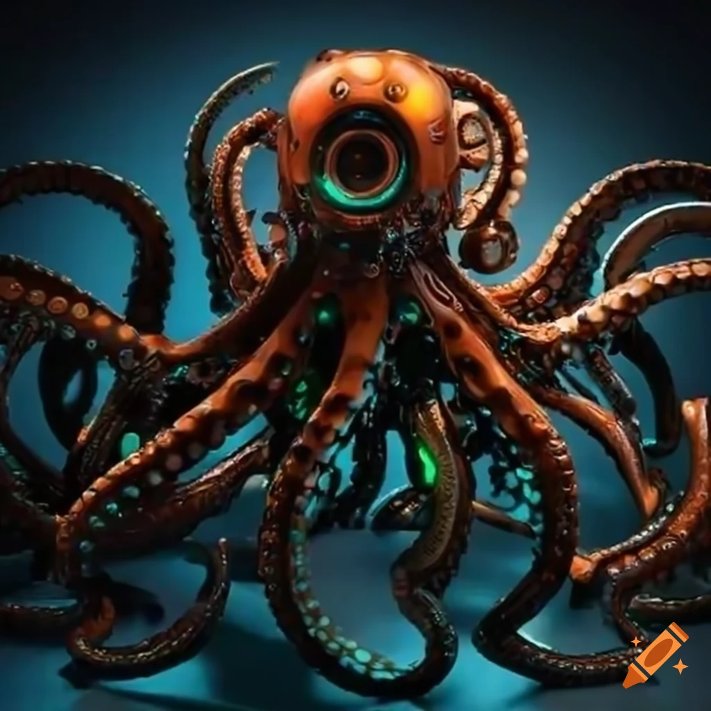 Intricately detailed mechanical robotic octopus with glowing eyes on ...
