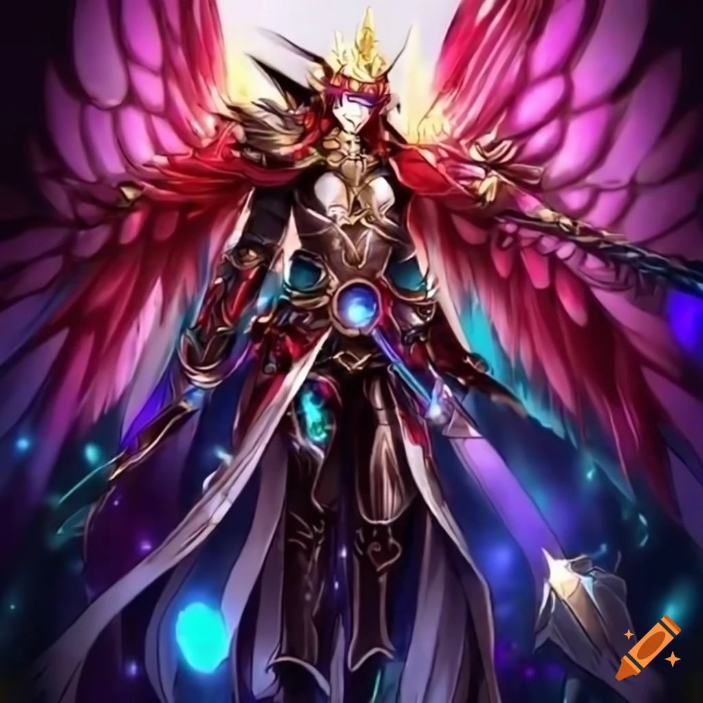 Anime depiction of a majestic king with angelic features and crystal ...