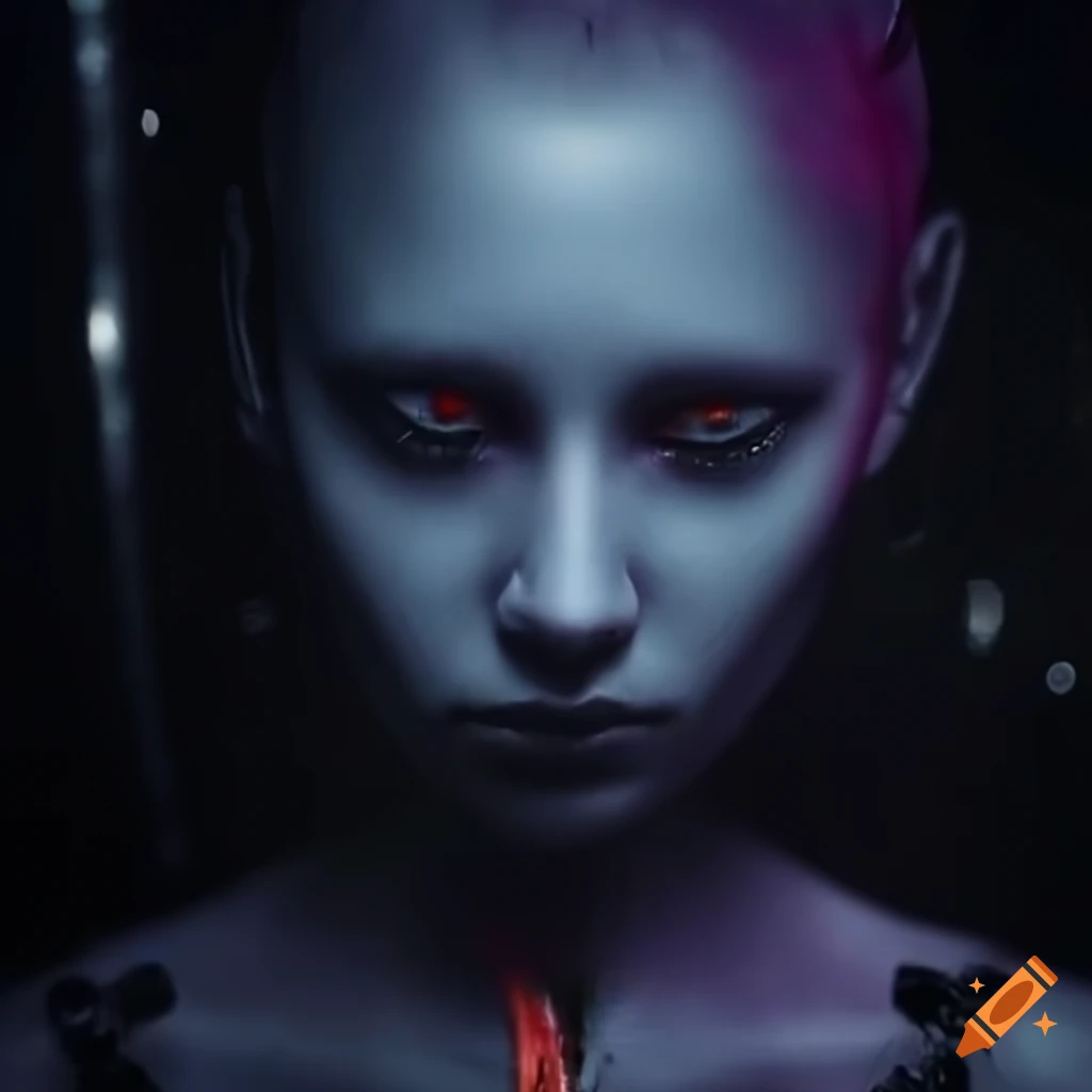 Close-up of female cyborg goddess in a dark cyberpunk cityscape on Craiyon