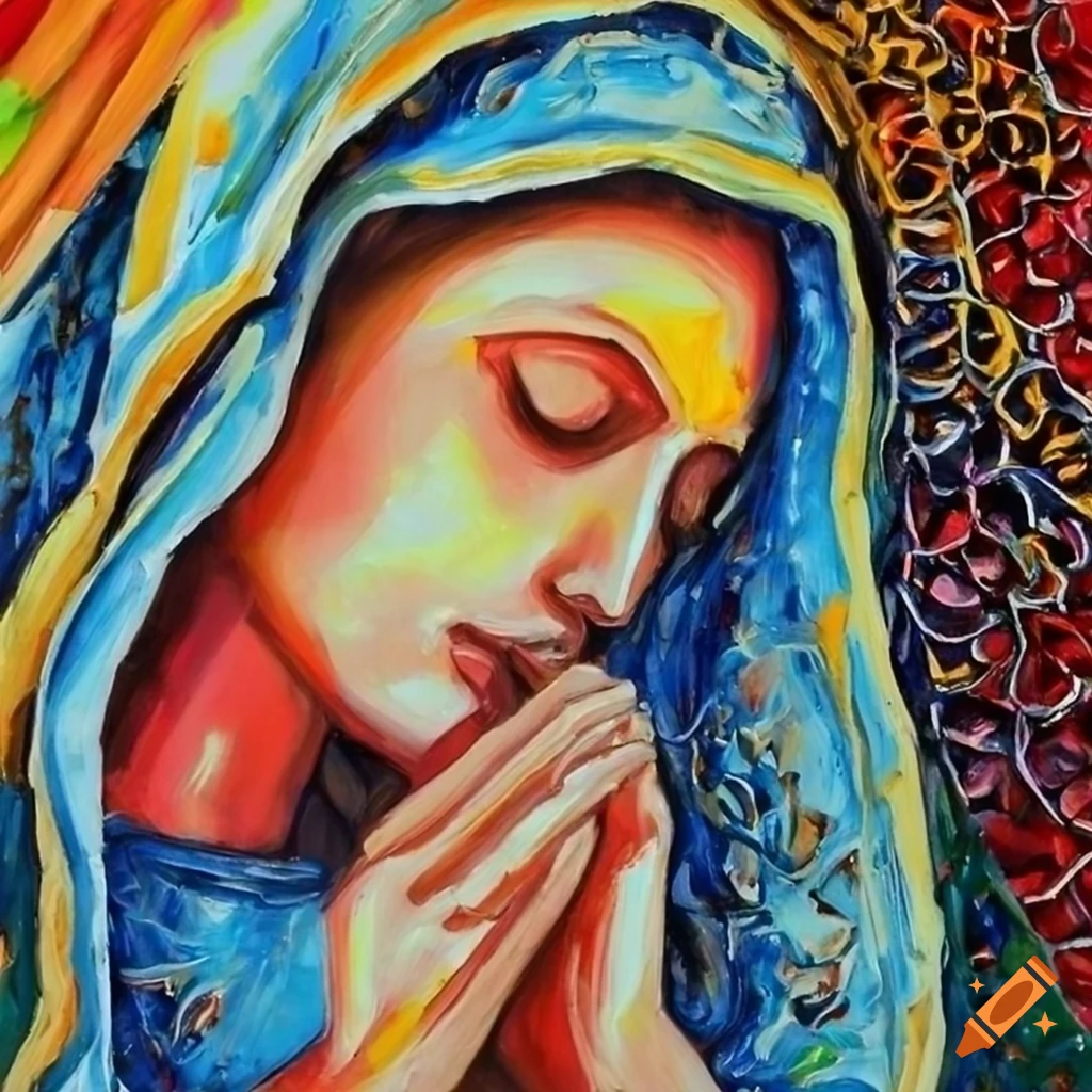 Virgin Mary in prayer portrayed in knife painting style with bright ...