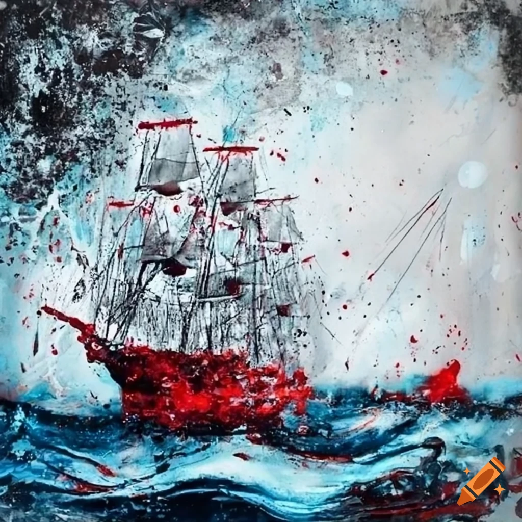 Abstract splatter painting of a ship in a storm with silver, white, and ...