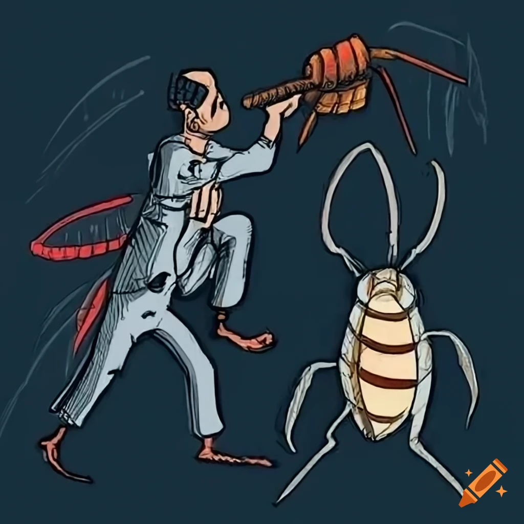 Man fighting a big cockroach for a gun in a dark comic scene on Craiyon