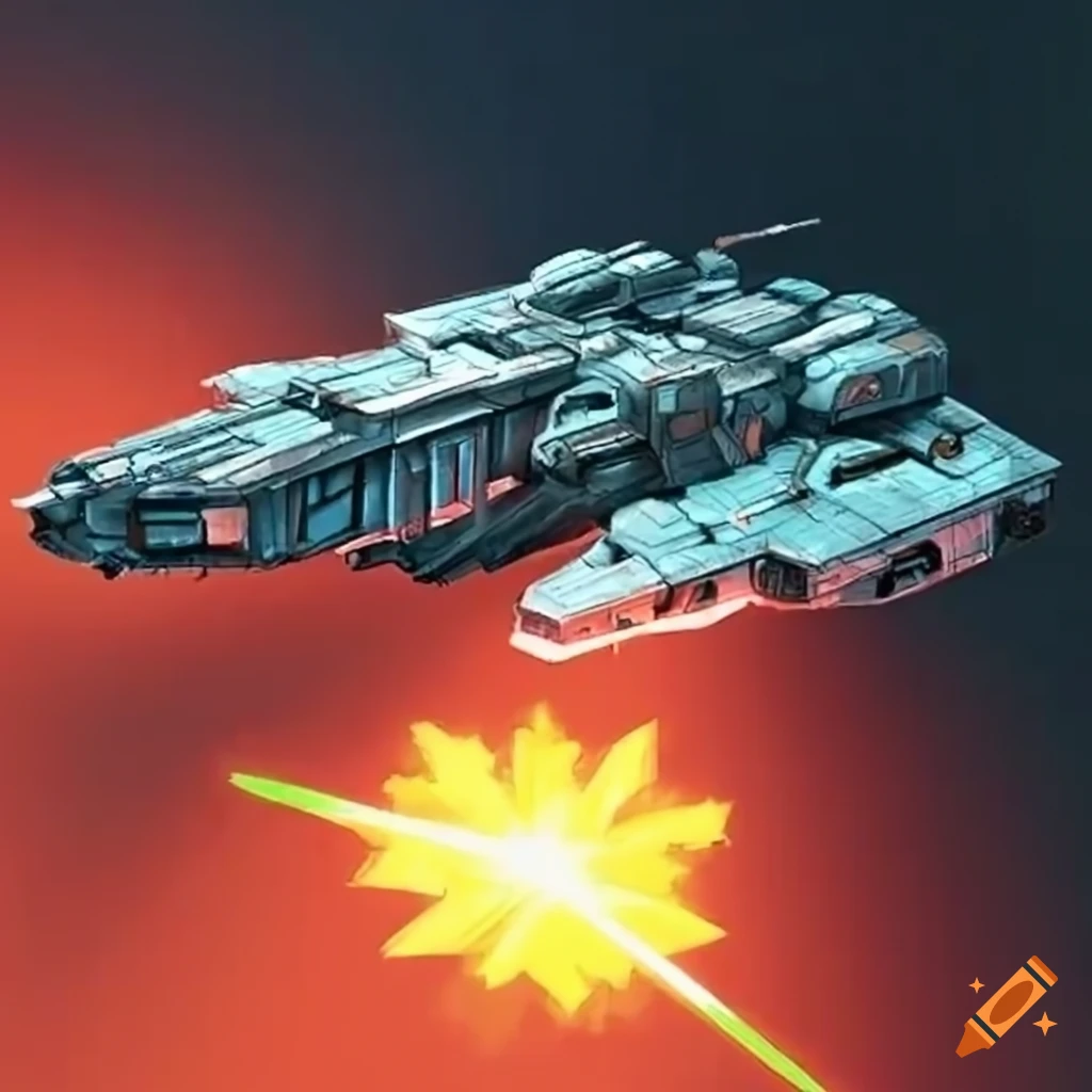 Spaceship battle with a spinal rail gun and point defense lasers on Craiyon