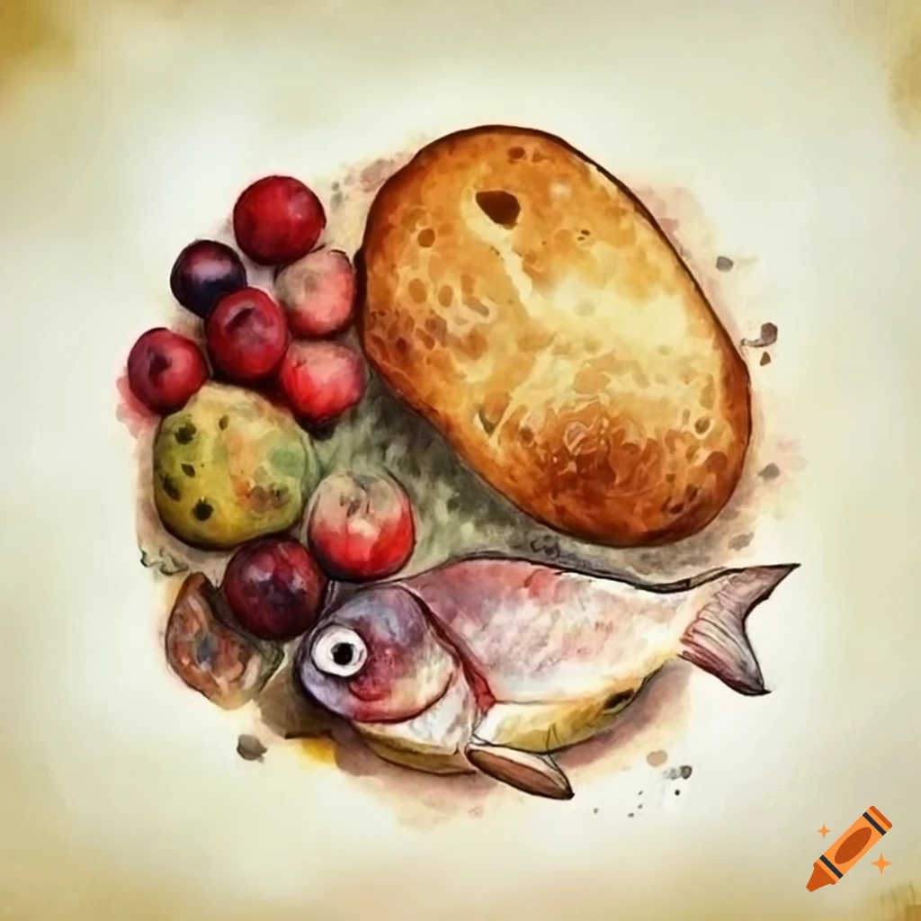 Mystical spread of medieval food with bread, fruit, and fish in ...