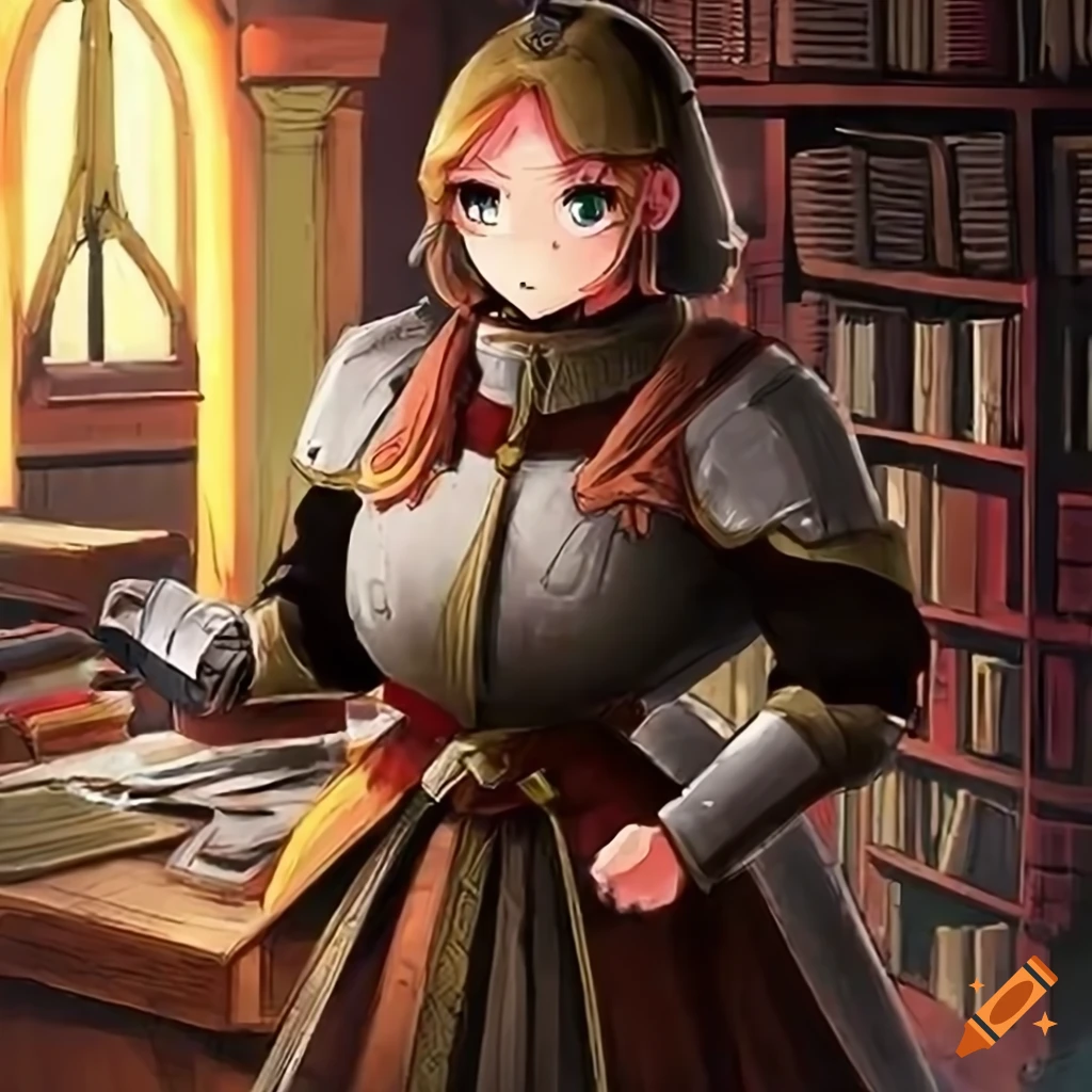 Anime medieval librarian soldier character on Craiyon