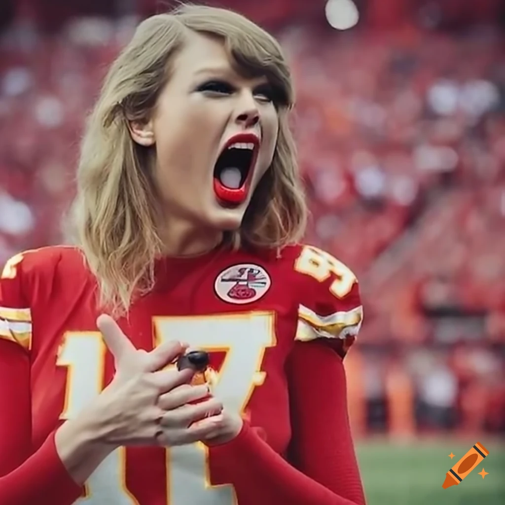 Taylor swift in red chiefs jersey cheering at football game on Craiyon