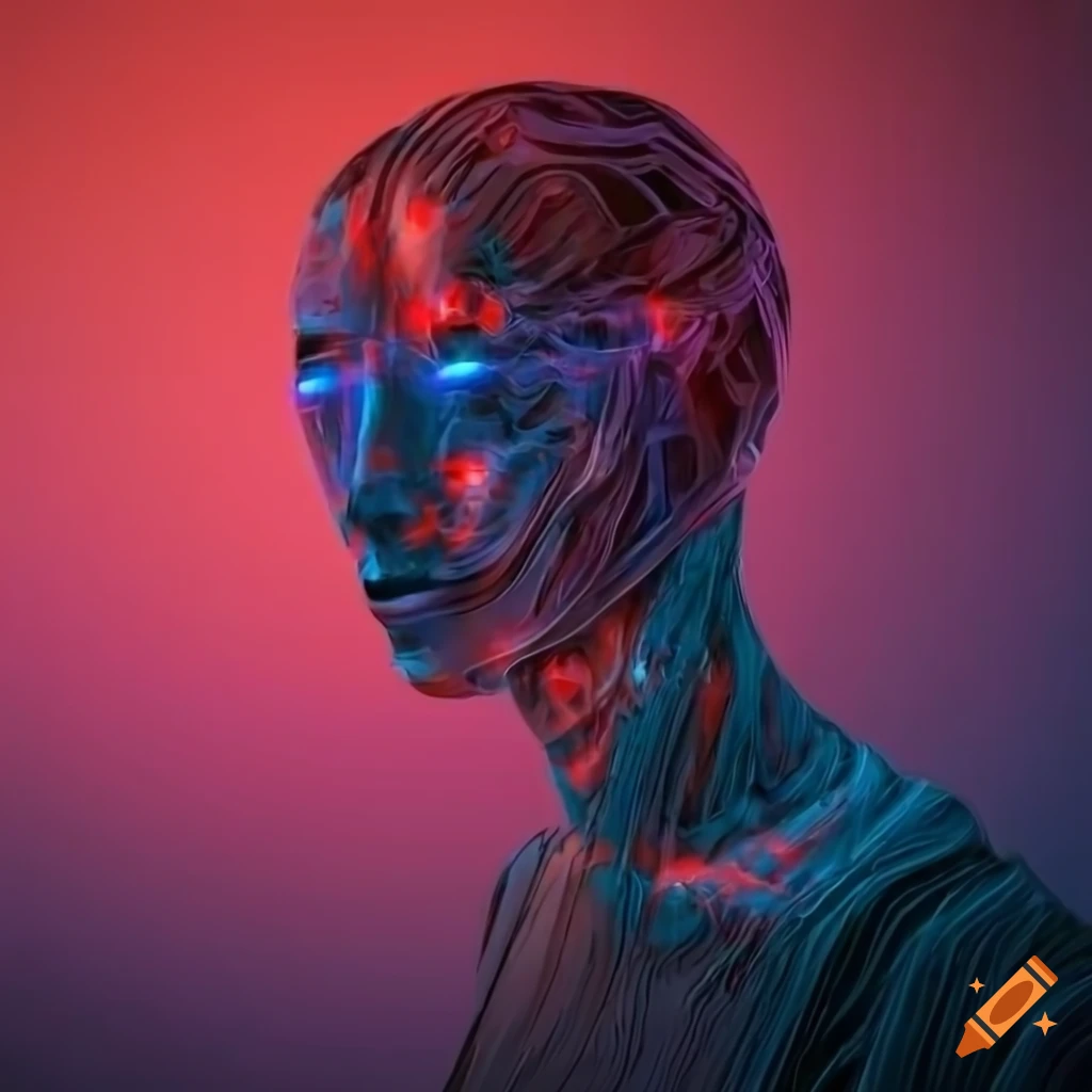 Abstract techno ai face with a solid spirit inside, dark factory smog ...