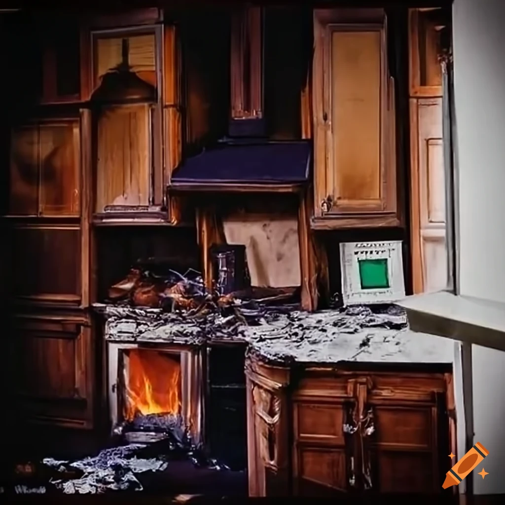 Damaged kitchen with smoldering embers and broken appliances on Craiyon