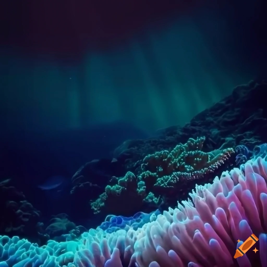 Vibrant and magical coral reef with light beams shining in pink, orange, and coral colors on Craiyon