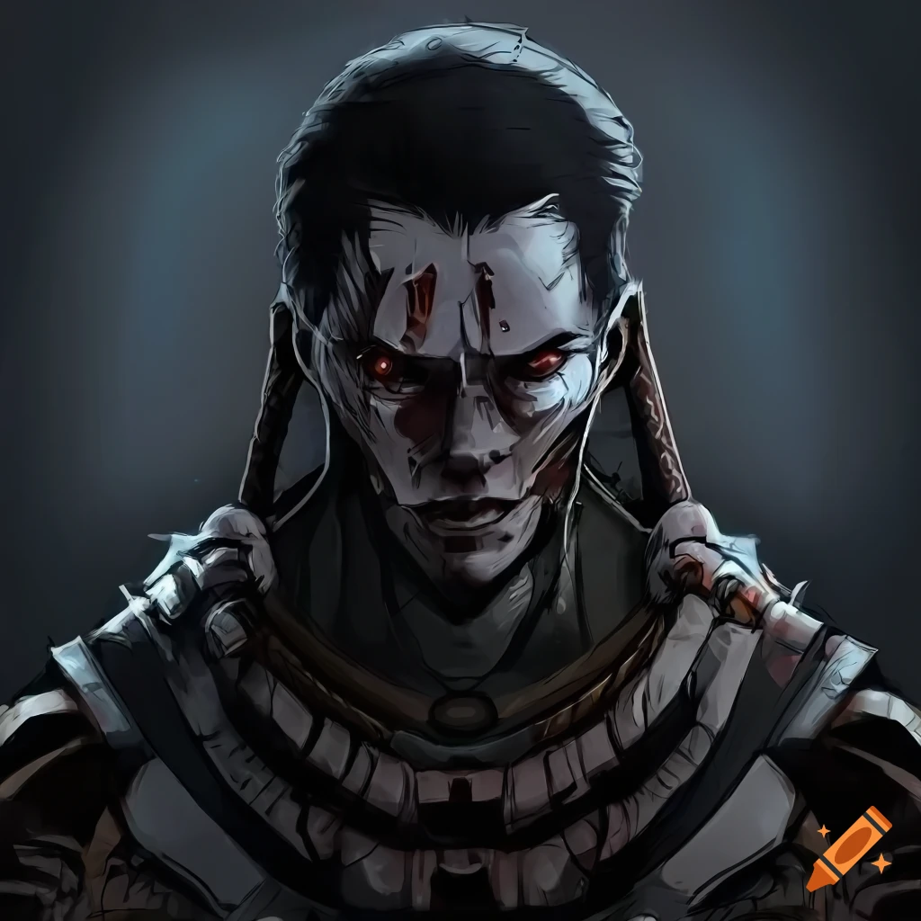 Sci-fi human with scars, black hair, and armor holding a sword in ...