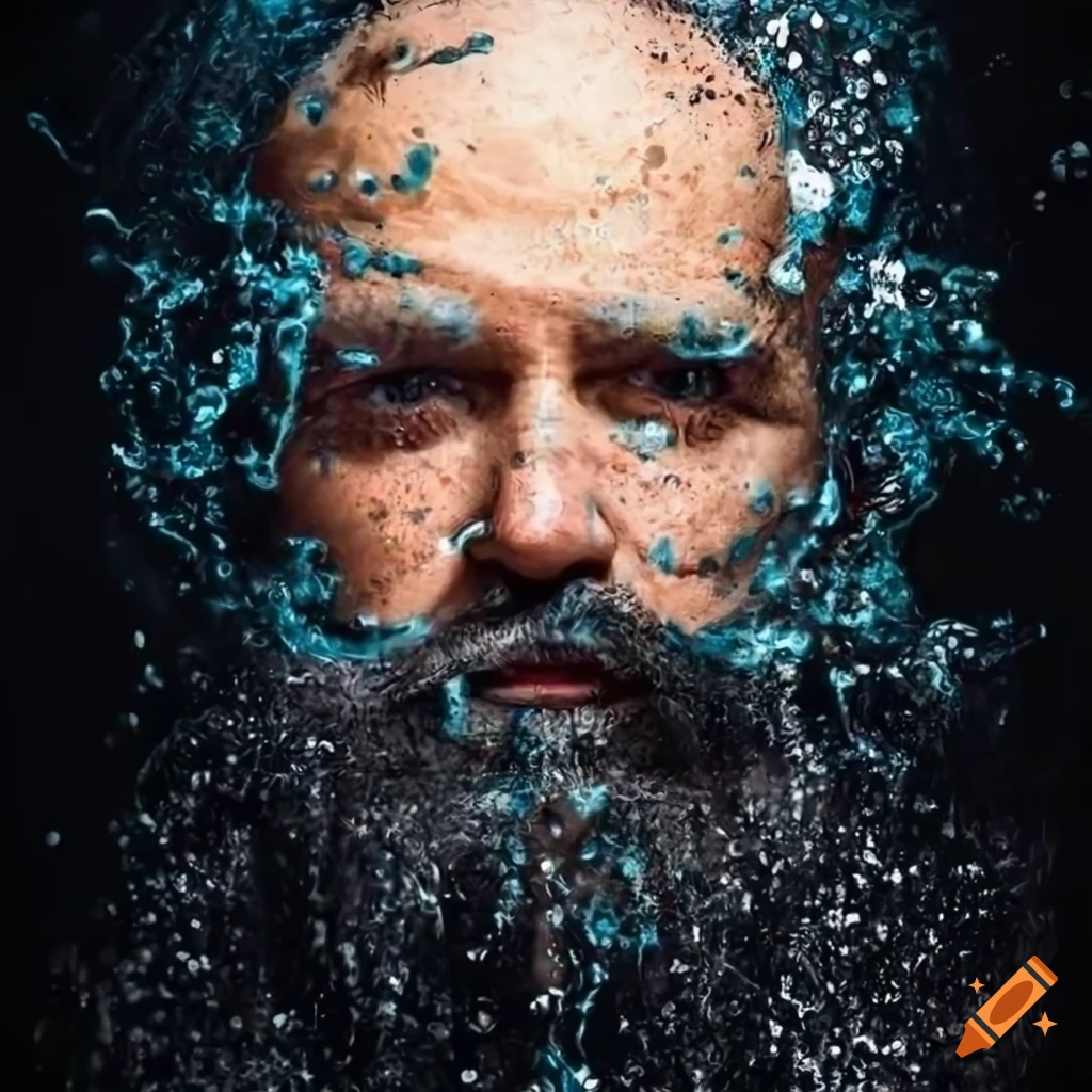 Abstract splatter water image showcasing a middle-aged man with beard ...
