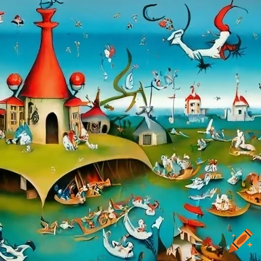 Whimsical village scene inspired by hieronymus bosch and dr. seuss on ...