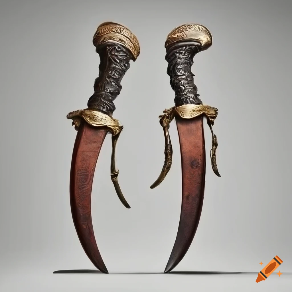 Pair of curved daggers with leather handles on Craiyon