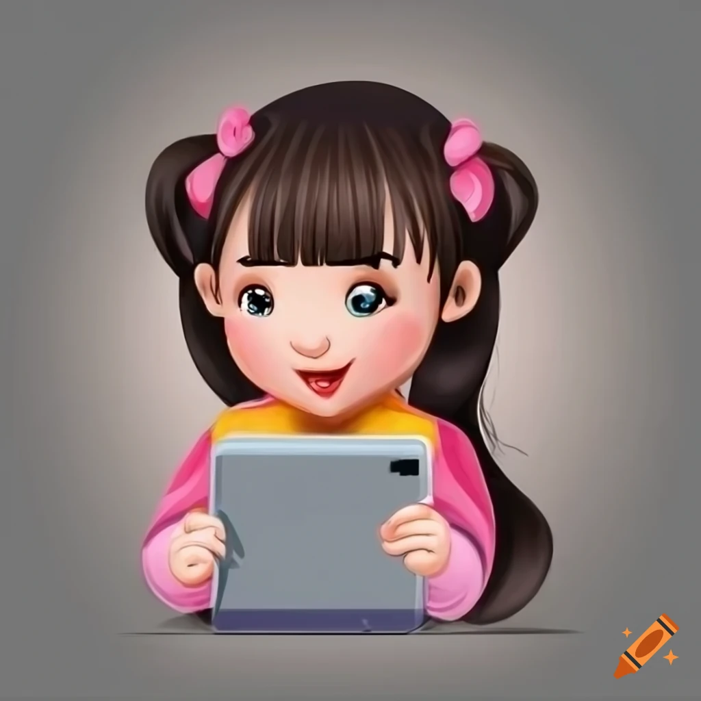 Cartoon chinese girl playing on a tablet on Craiyon