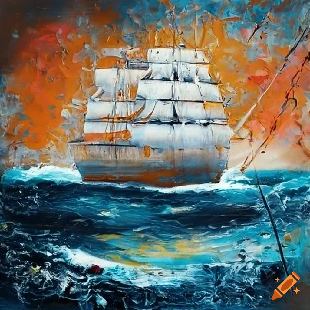 Big ship in a stormy sea with vibrant colors in an abstract composition ...