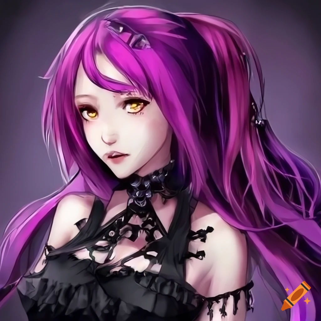 Enchanting gothic anime girl with red hair in a purple and black dress ...