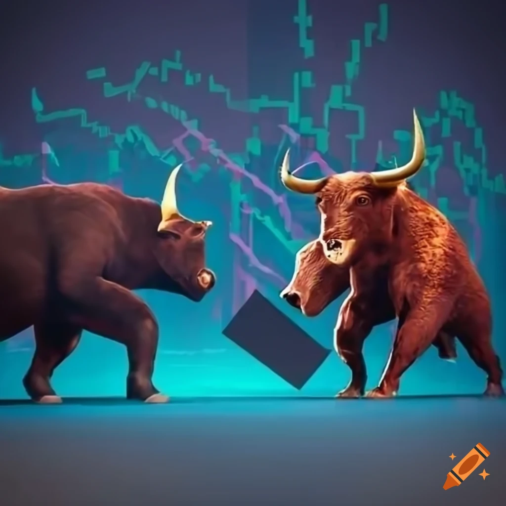 Stock market bull and bear fighting in a trading arena on Craiyon