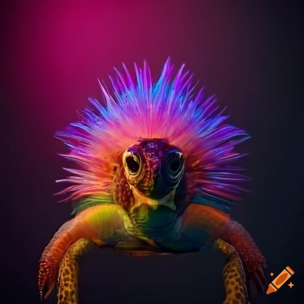 Turtle with spiky colored hair on neutral background on Craiyon