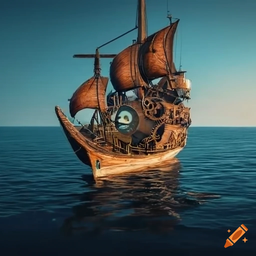 Steampunk sailing boat with original houses and vegetation on deck on ...