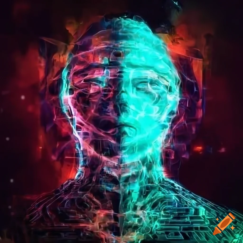 Abstract techno ai face with a solid spirit inside, dark factory smog ...