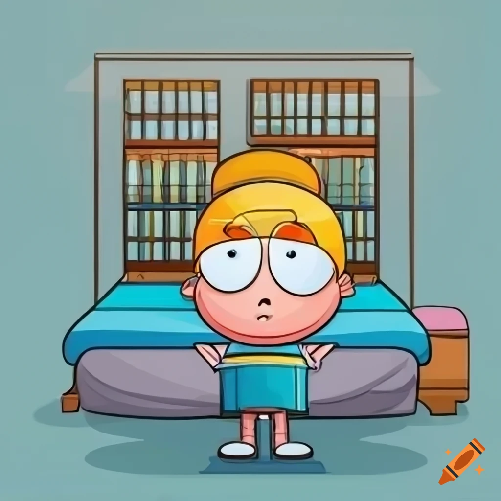 Cartoon student in bed in a dormitory setting on Craiyon