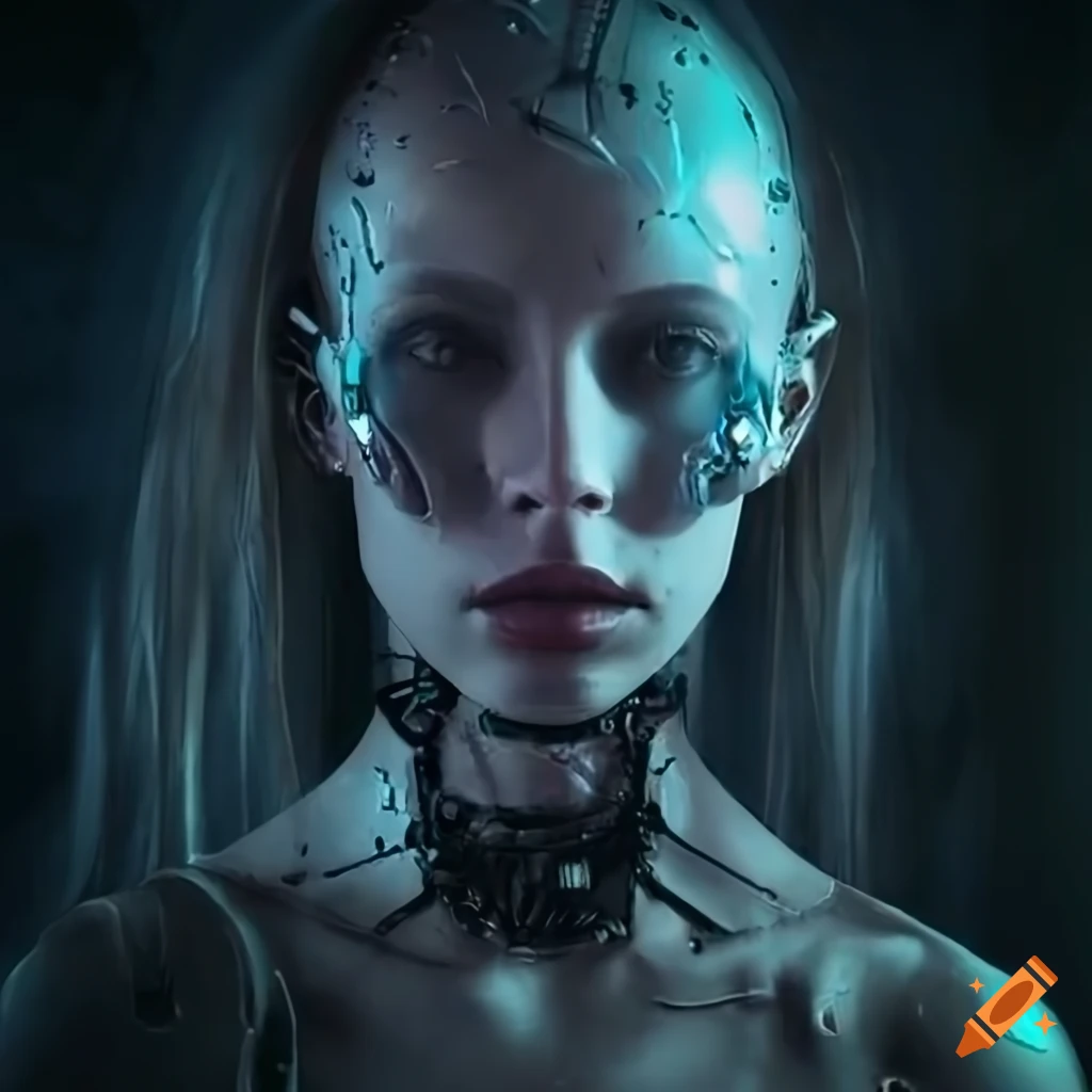 Close-up of female cyborg goddess in a dark cyberpunk cityscape on Craiyon