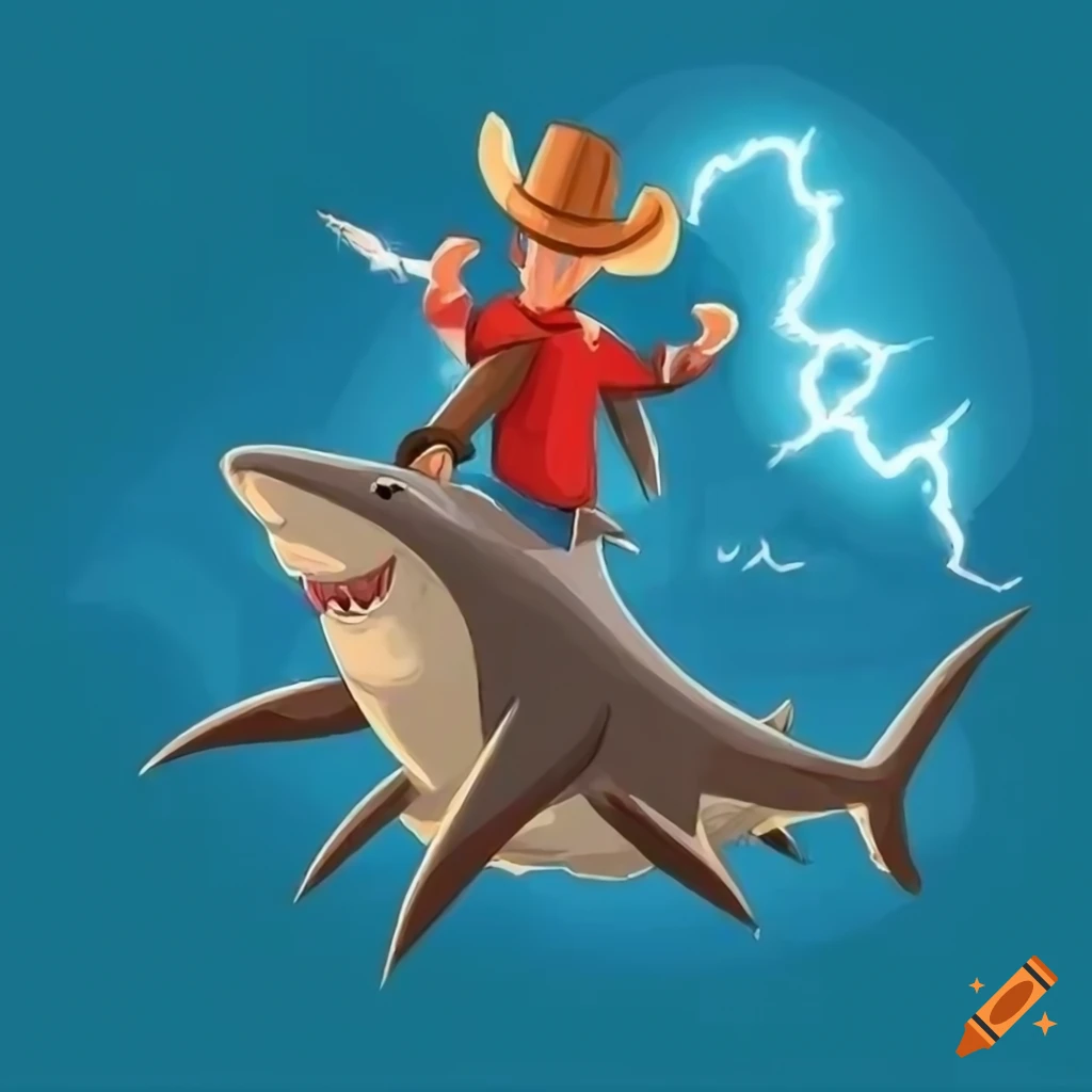 Cowboy riding a flying shark with lightning powers near a lighthouse in ...