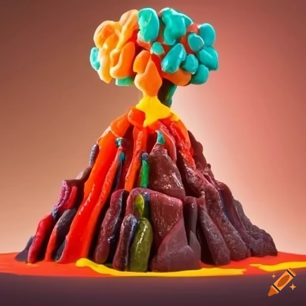Volcano of candies erupting colorful sweets on Craiyon