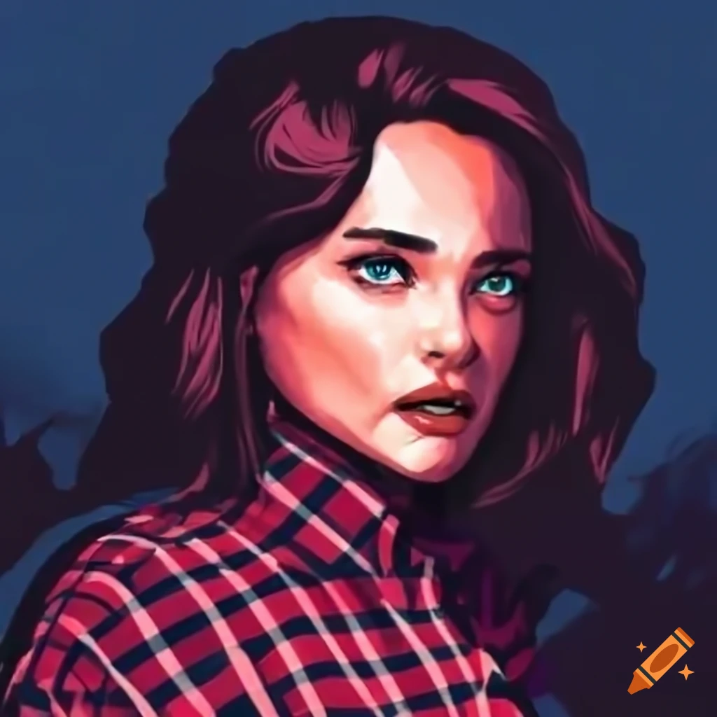 Blonde actress in red plaid shirt and high-waist black leather trousers peeking through derelict ...