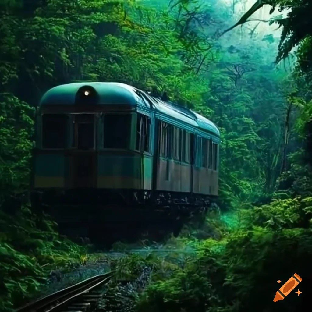 Train circulating in the dark jungle on Craiyon