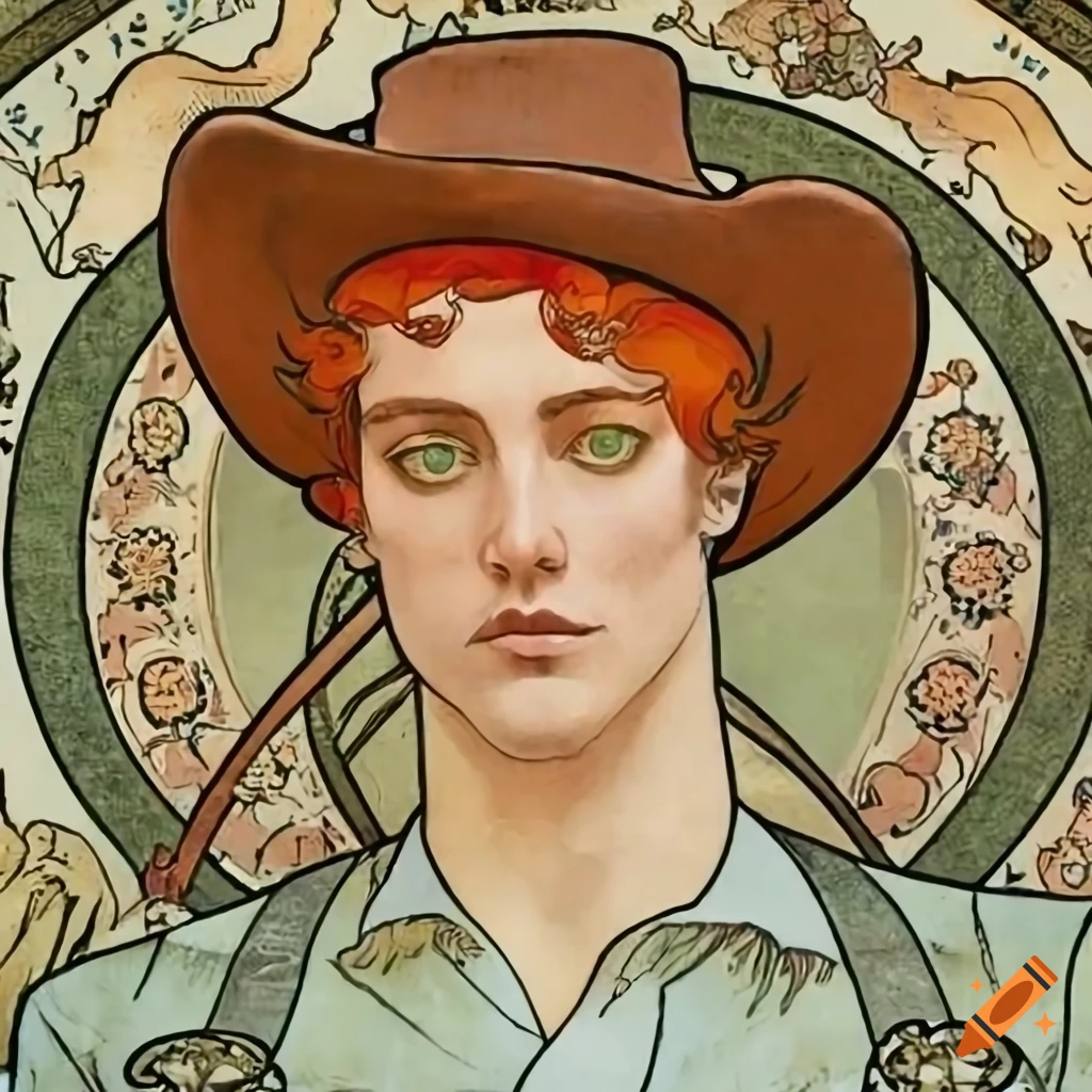 Handsome man in cowboy hat with copper hair, art nouveau woodcut by ...