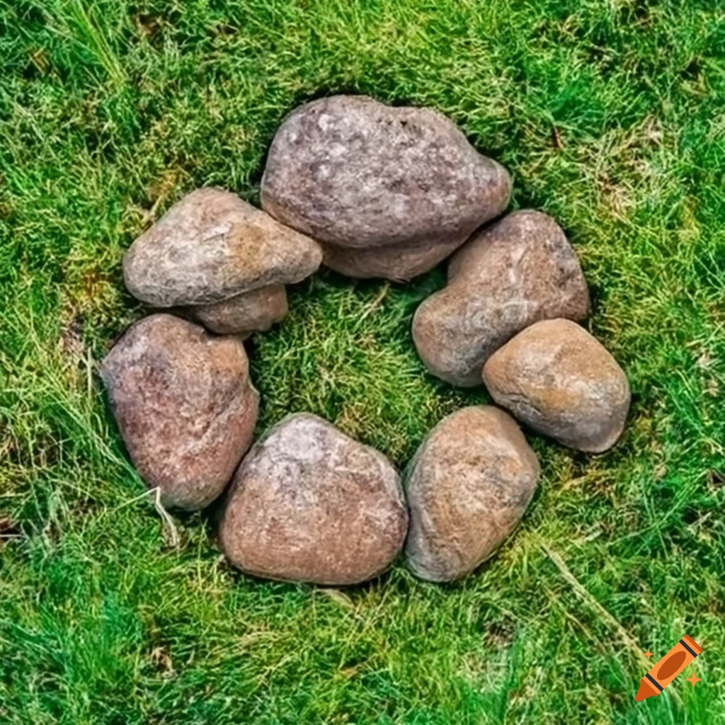 Circle of small identical rocks on grass on Craiyon