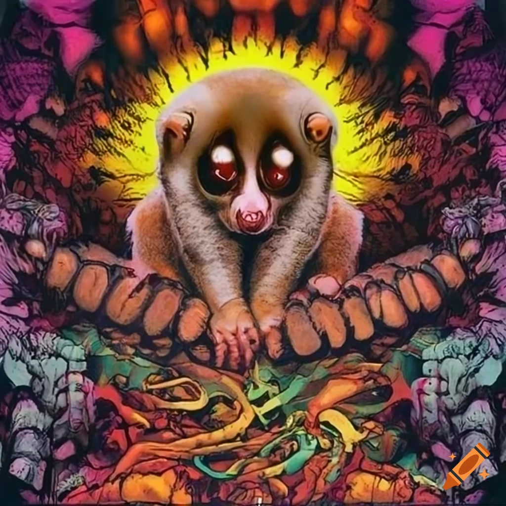 Greater slow loris on an 80s heavy metal album cover on Craiyon