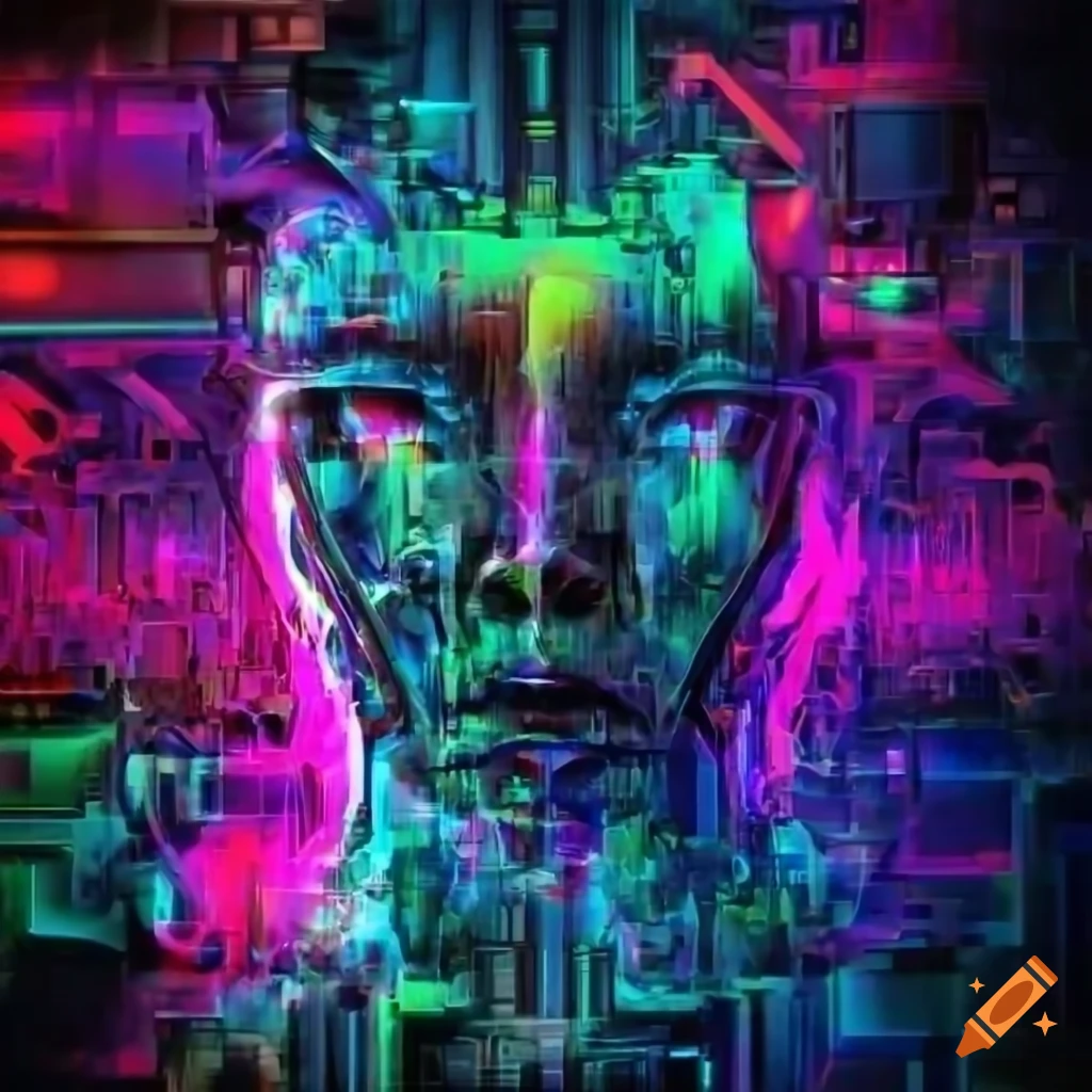 Abstract techno ai face with a solid spirit inside, dark factory smog ...