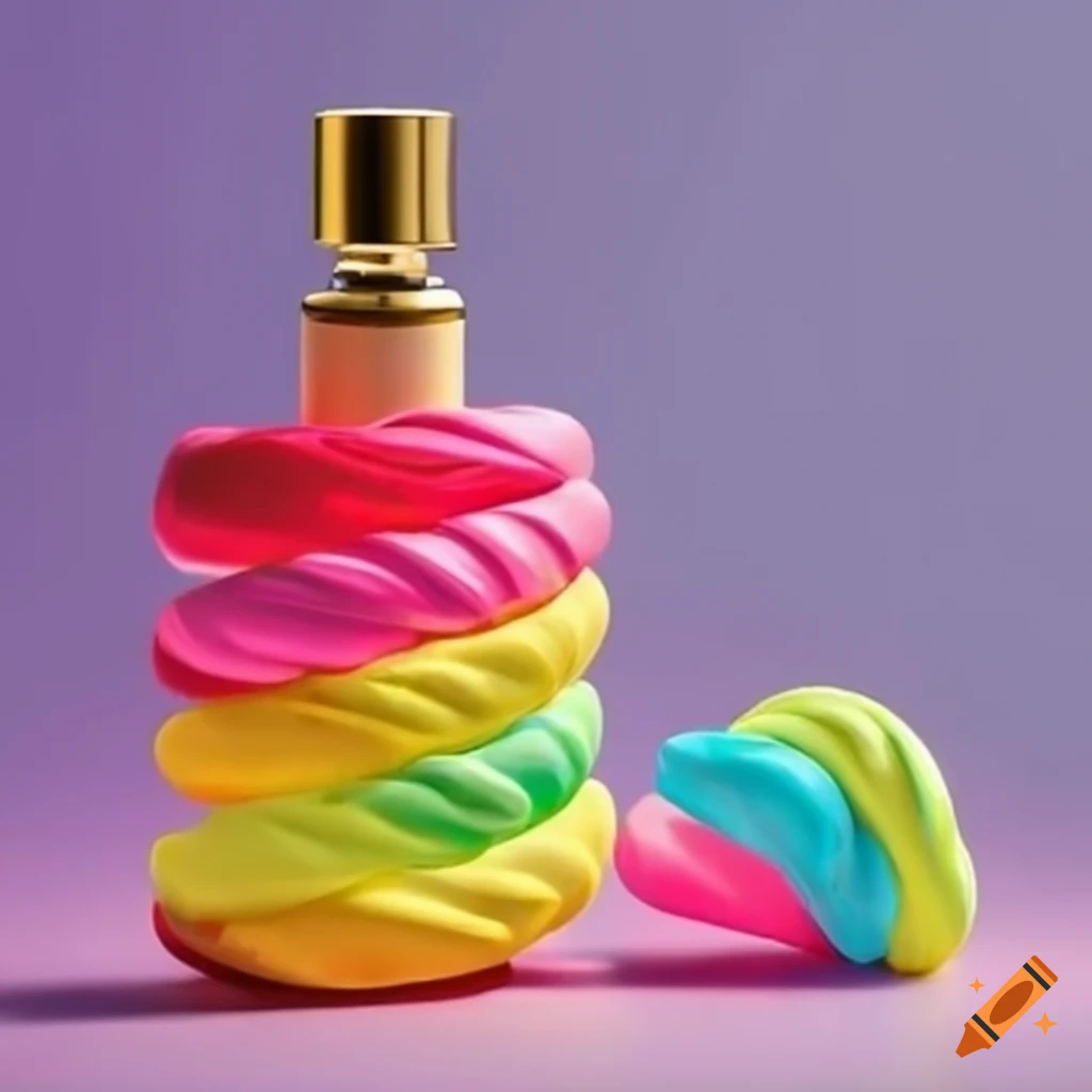 Perfume bottle shaped like a rainbow twist marshmallow on Craiyon