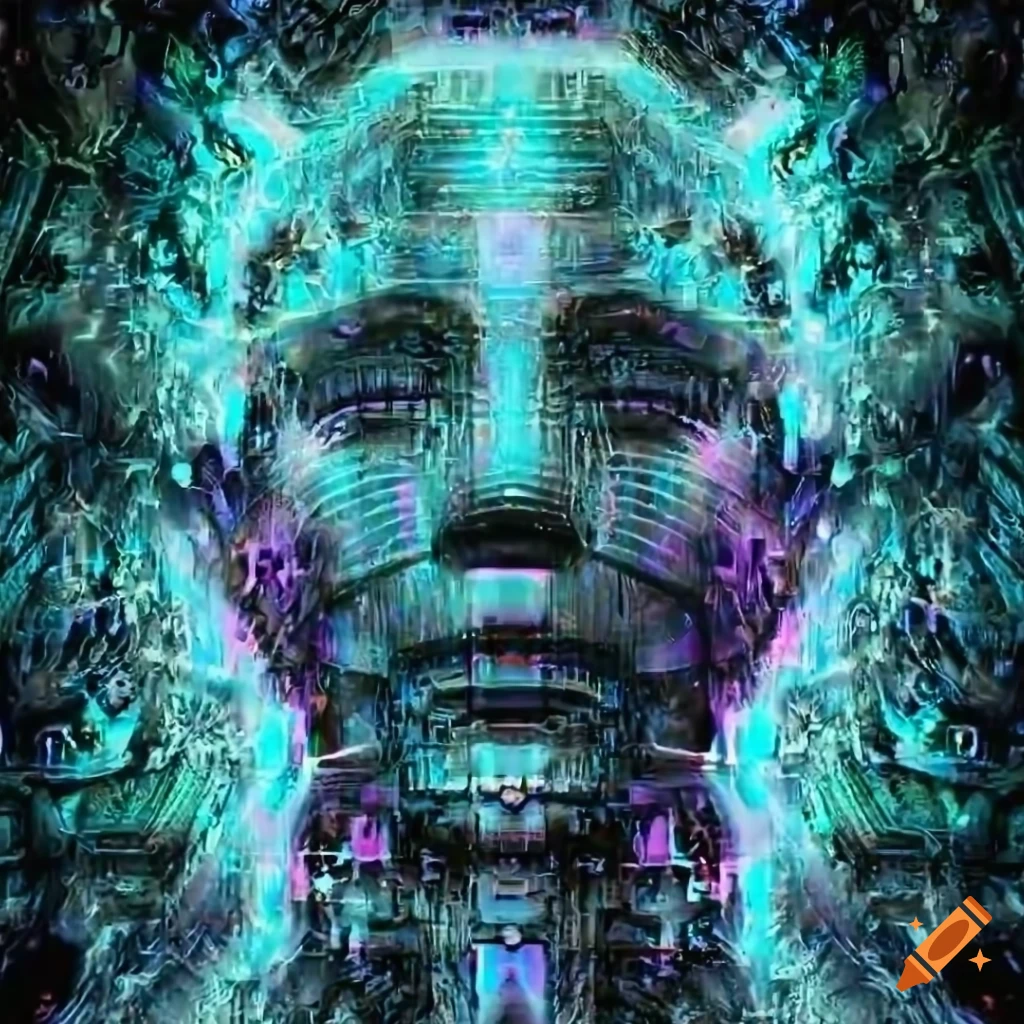 Abstract techno image with transparent face and dark factory smog ...