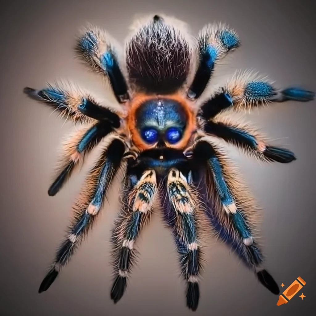 Friendly giant tarantula with blue eyes and white fur on Craiyon