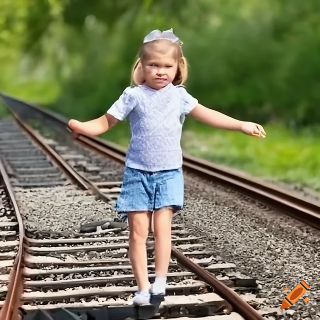 Princess Charlotte in t-shirt and jeans on railroad tracks on a sunny ...